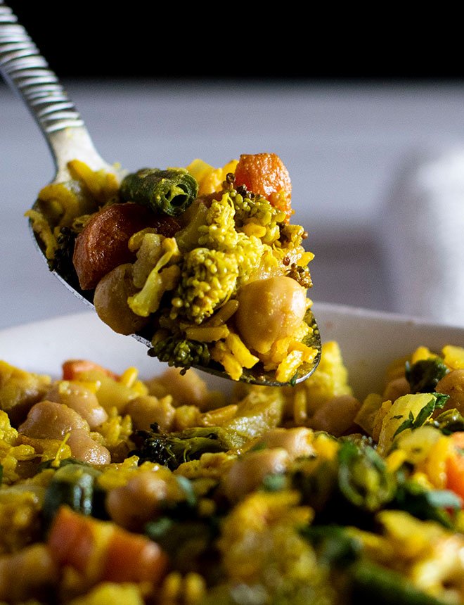 Simple Warm Indian Brown Rice Salad with Lemon & Vegetables