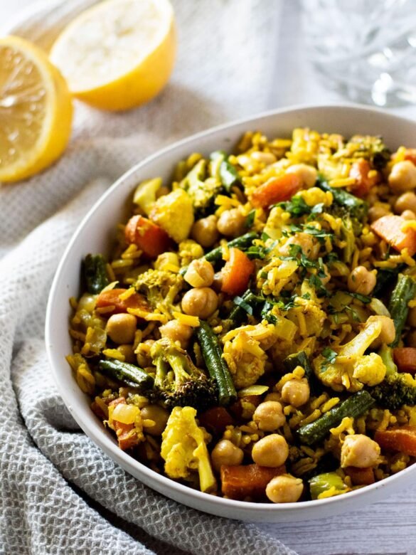 Simple Warm Indian Brown Rice Salad with Lemon & Vegetables