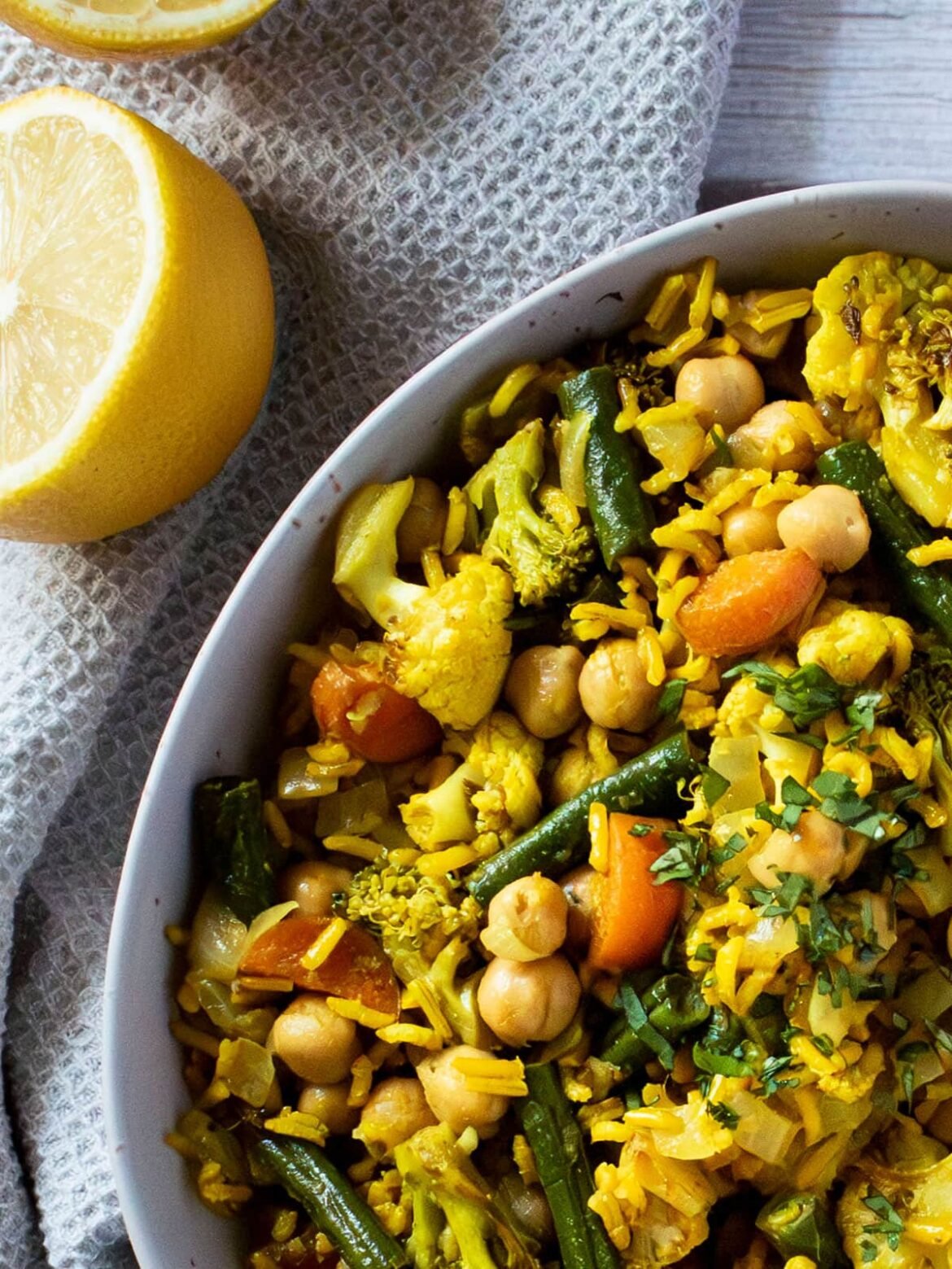 Simple Warm Indian Brown Rice Salad with Lemon & Vegetables