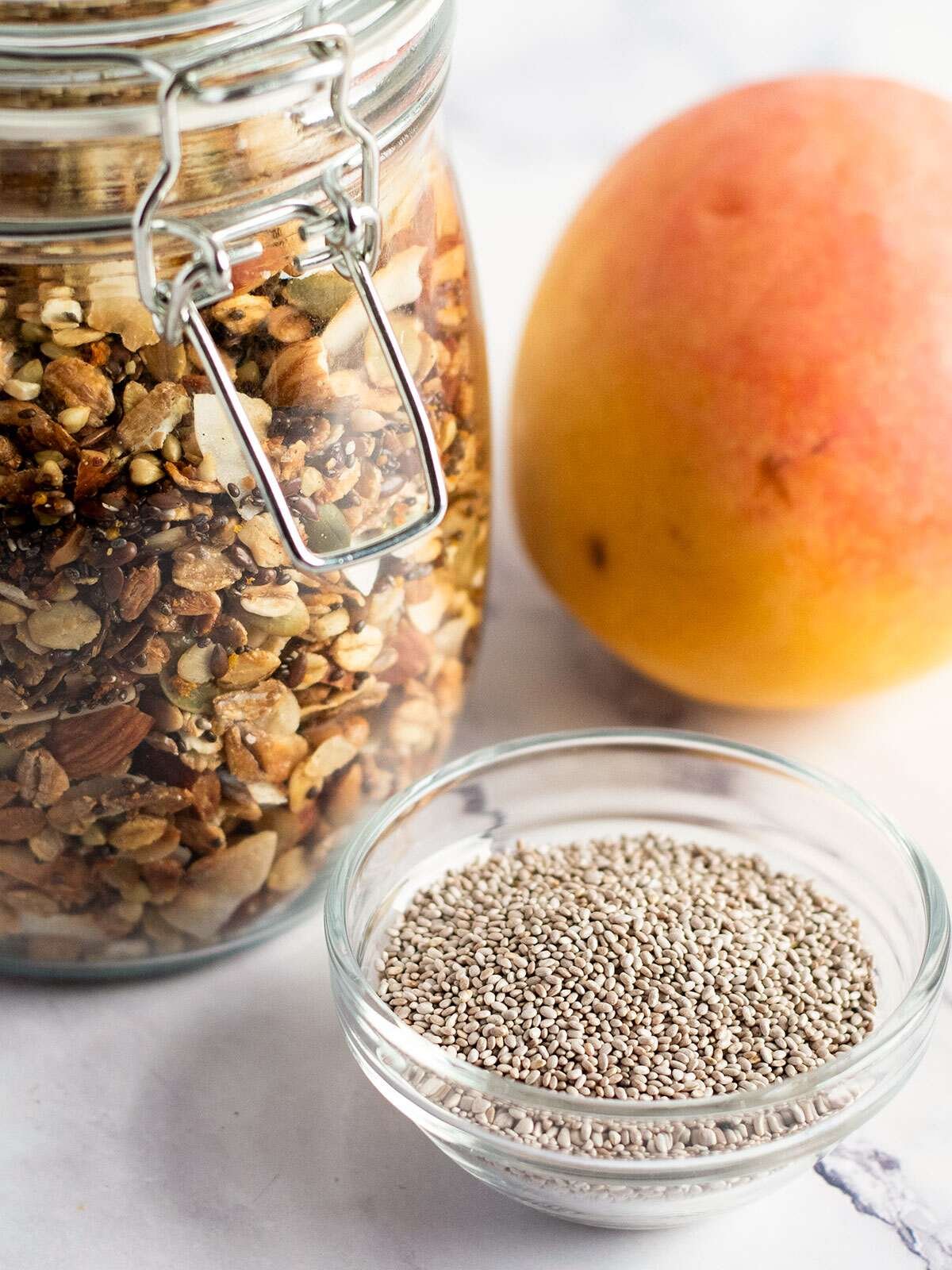 Healthy Mango Parfaits w/ Greek yogurt, Coconut & Chia seeds