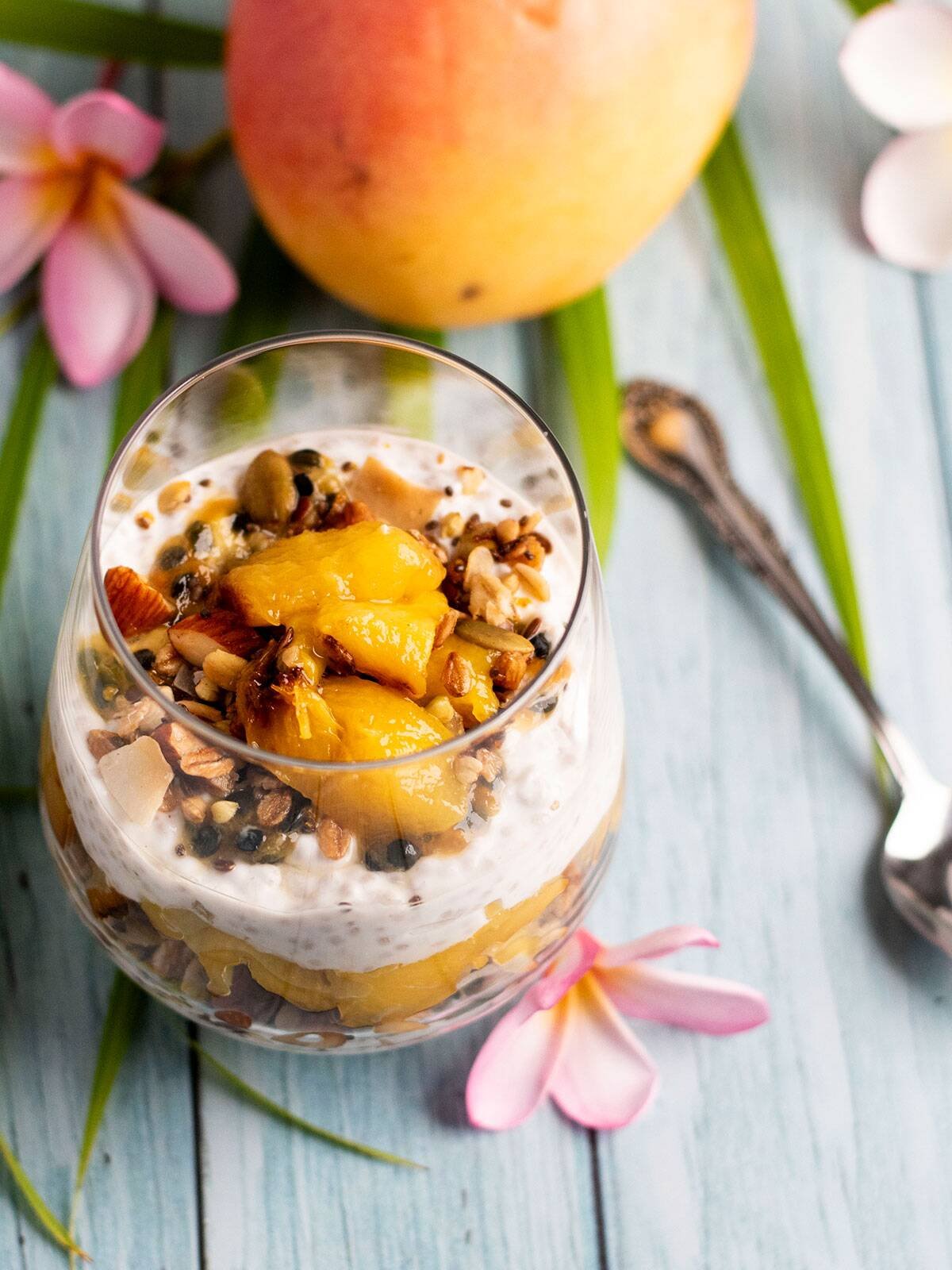 Healthy Mango Parfaits w/ Greek yogurt, Coconut & Chia seeds