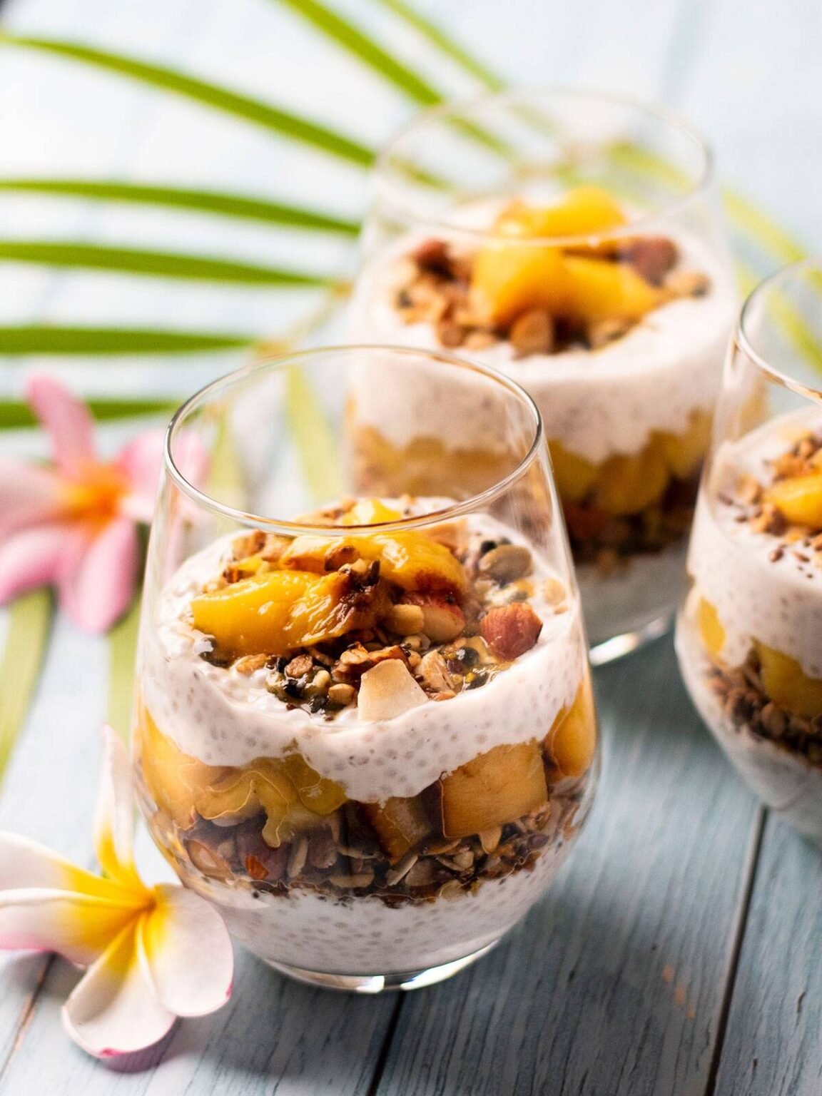 Healthy Mango Parfaits w/ Greek yogurt, Coconut & Chia seeds