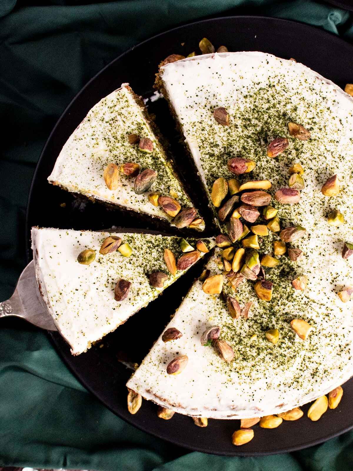 Pistachio Matcha Cake w/ Zucchini & White Chocolate Frosting